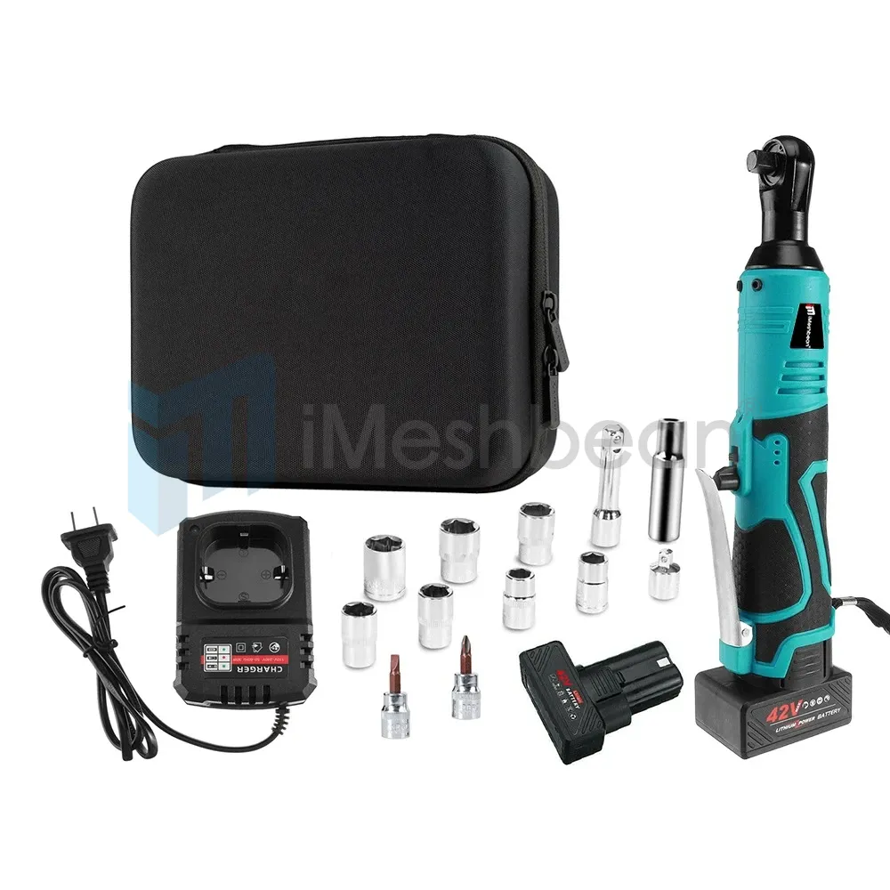 42V 3/8" Cordless Ratchet Right Angle Wrench Impact Power Tool 2 ...